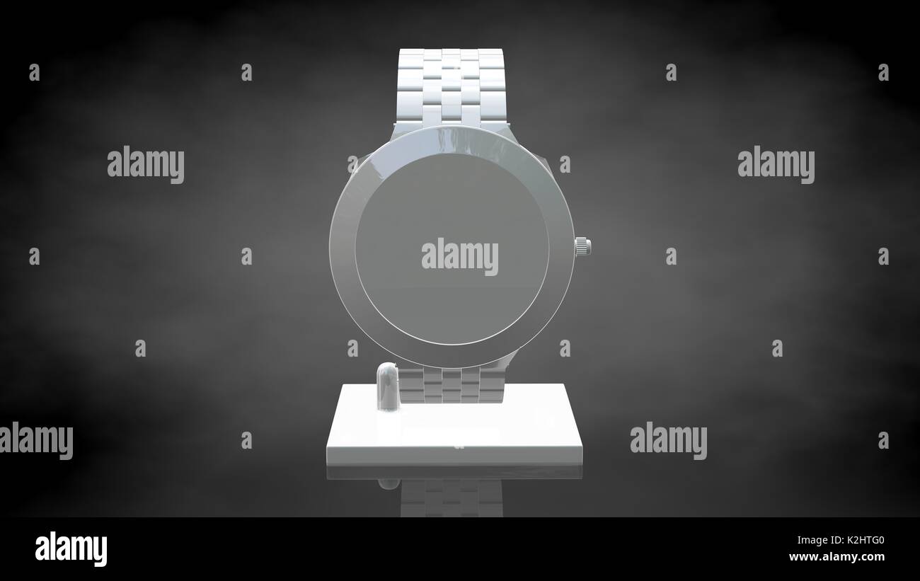 3d rendering of a reflective hand watch on a dark black background ...