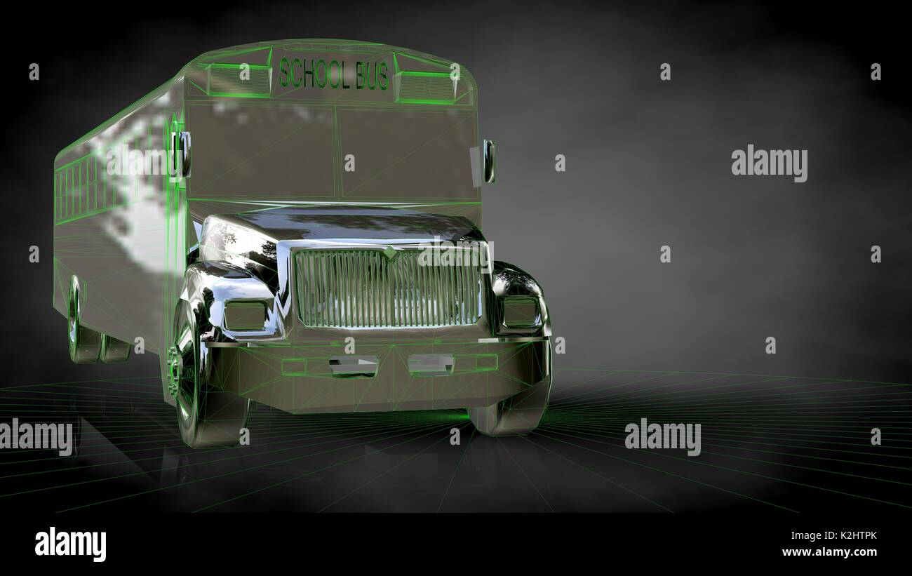 3d rendering of a reflective school bus on a dark black background ...