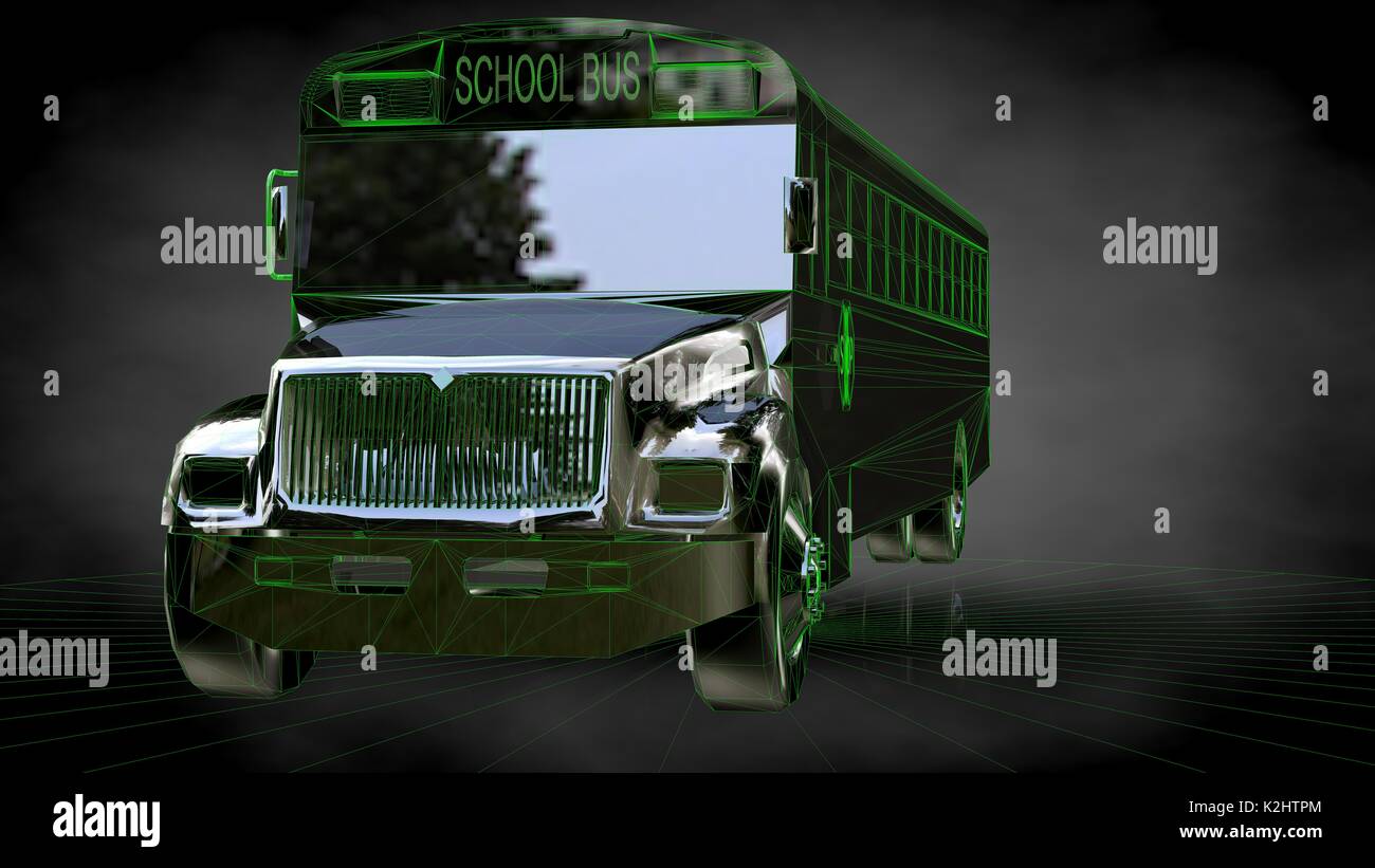 3d rendering of a reflective school bus on a dark black background ...