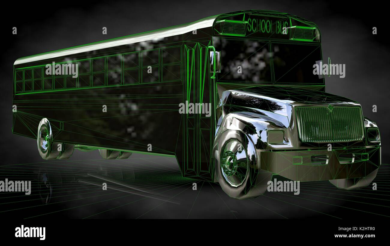3d rendering of a reflective school bus on a dark black background ...