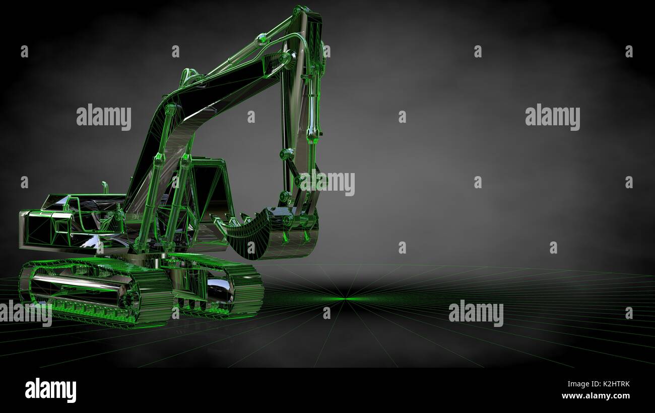 3d rendering of a reflective digger machine on a dark black background ...
