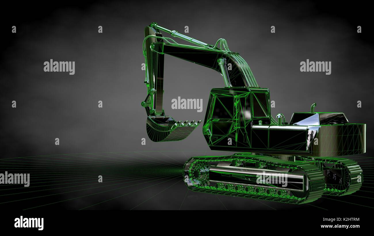 3d rendering of a reflective digger machine on a dark black background ...