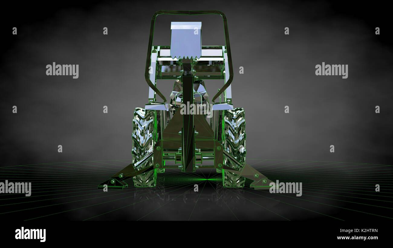 3d rendering of a reflective digger machine on a dark black background ...