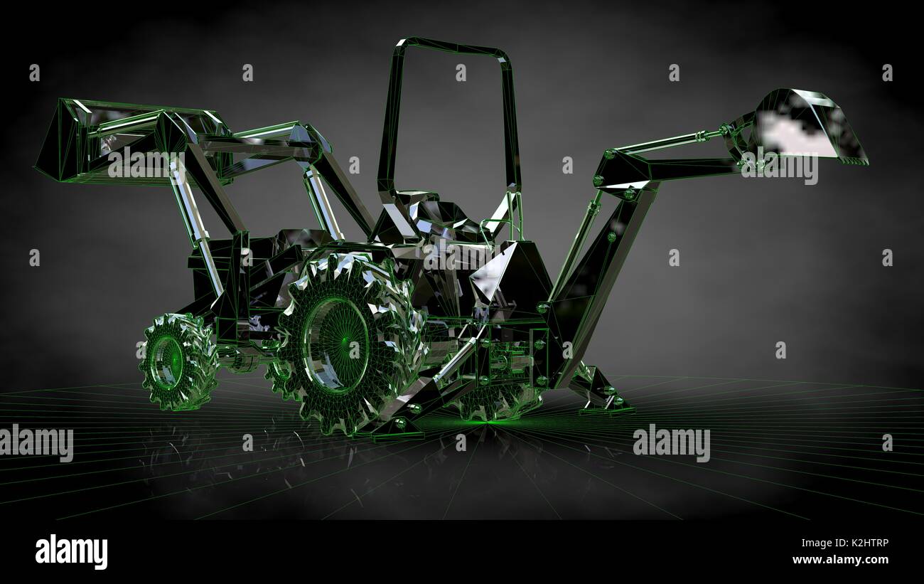 3d rendering of a reflective digger machine on a dark black background ...