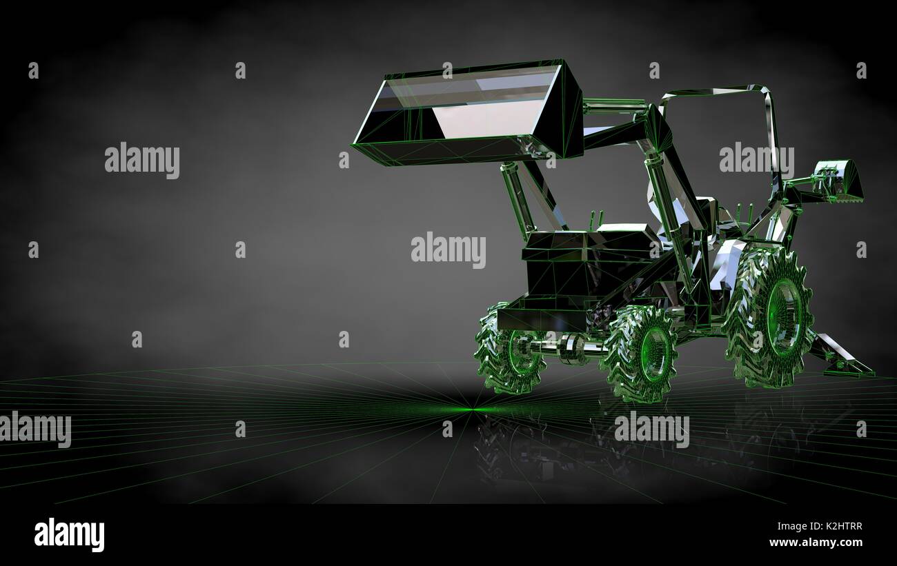 3d rendering of a reflective digger machine on a dark black background ...