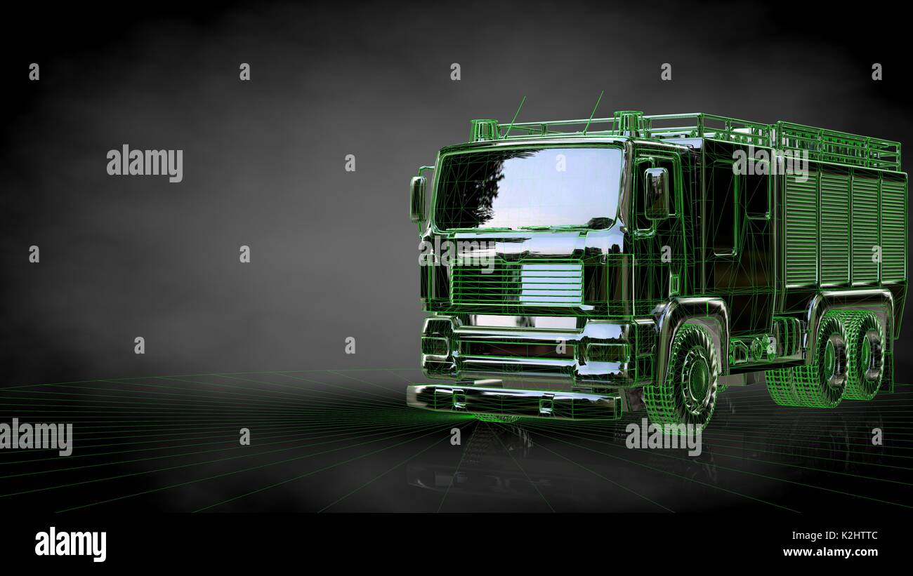3d rendering of a reflective fire fighter car on a dark black ...