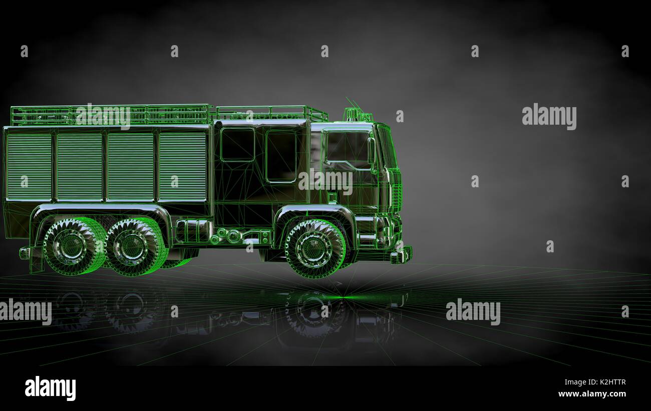 3d rendering of a reflective fire fighter car on a dark black ...