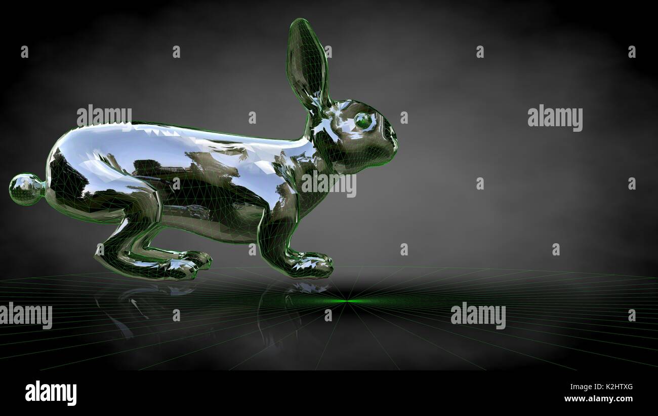 3d rendering of a reflective rabbit on a dark black background Stock ...