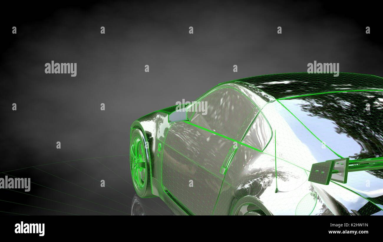 3d rendering of a reflective sport car on a dark black background Stock ...