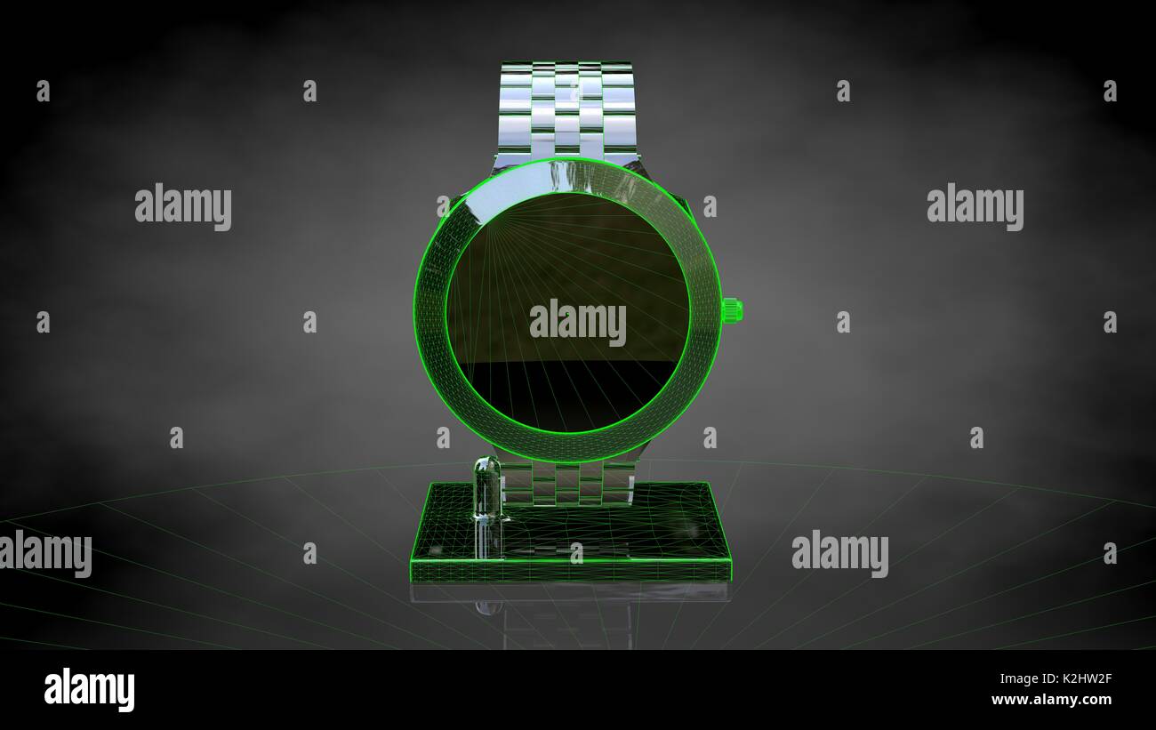 3d rendering of a reflective hand watch on a dark black background ...