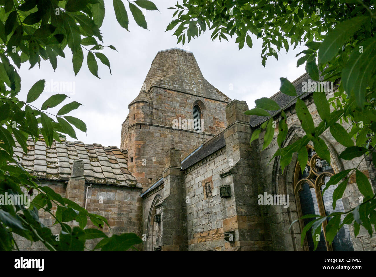 Seton Collegiate Church Chapel, framed bu trees, medieval church built ...