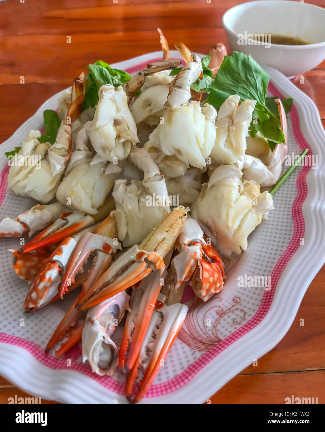 Closeup steamed crab meat, scabbard or paddle-leg, Thai Asian seafood ...