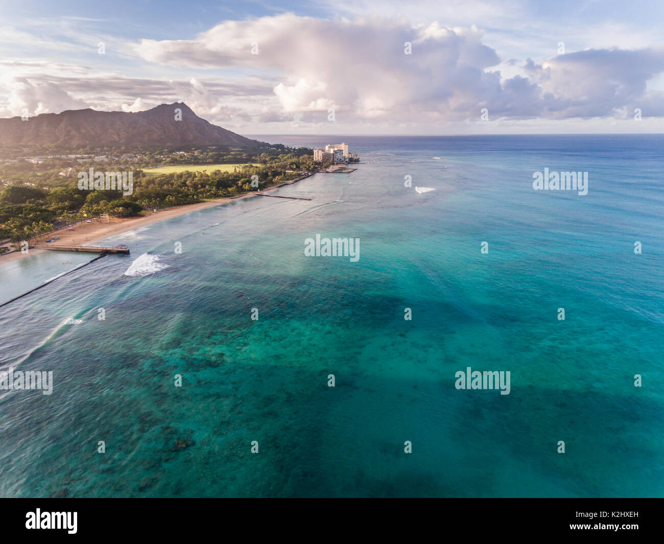Aerial view of Diamond Head, the Ocean and beach in Waikiki Honolulu ...