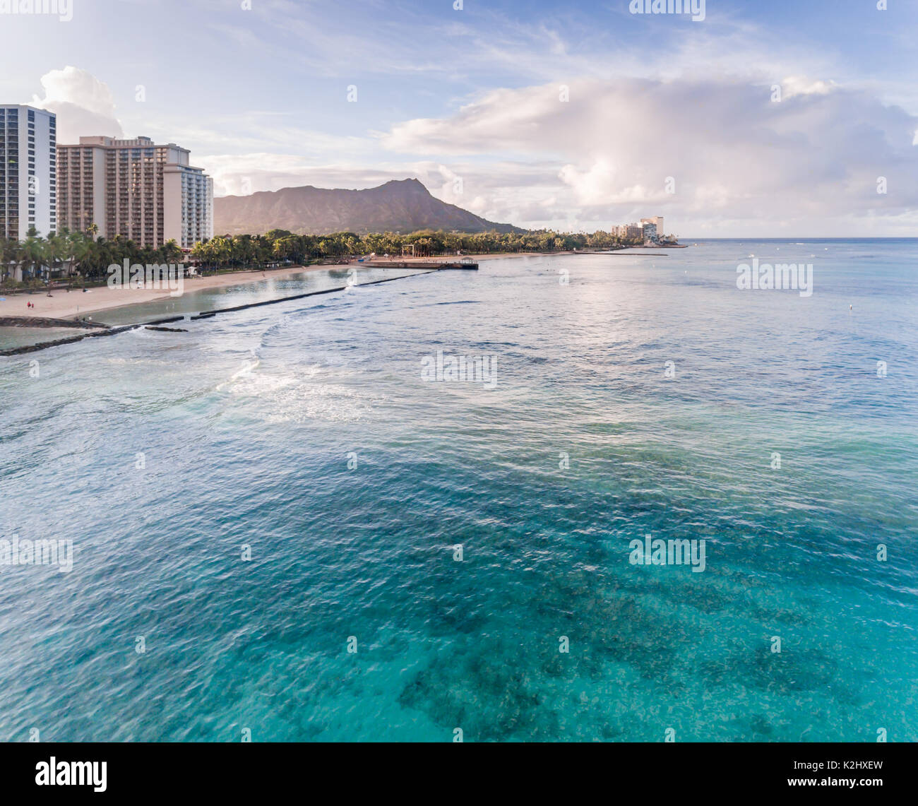 Aerial view of Diamond Head, the Ocean and beach in Waikiki Honolulu ...