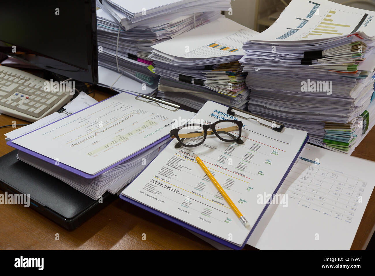 Business and finance concept of office working, Pile of unfinished ...