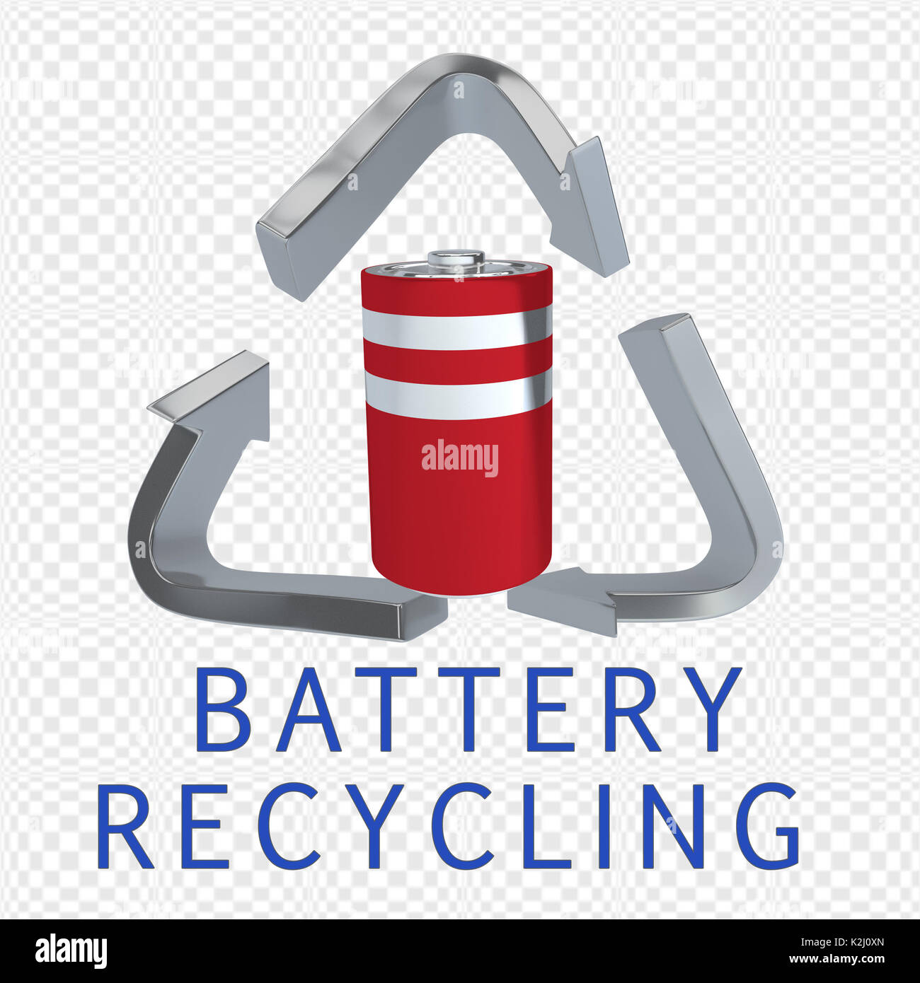 3D illustration of "BATTERY RECYCLING" title with a battery in a ...