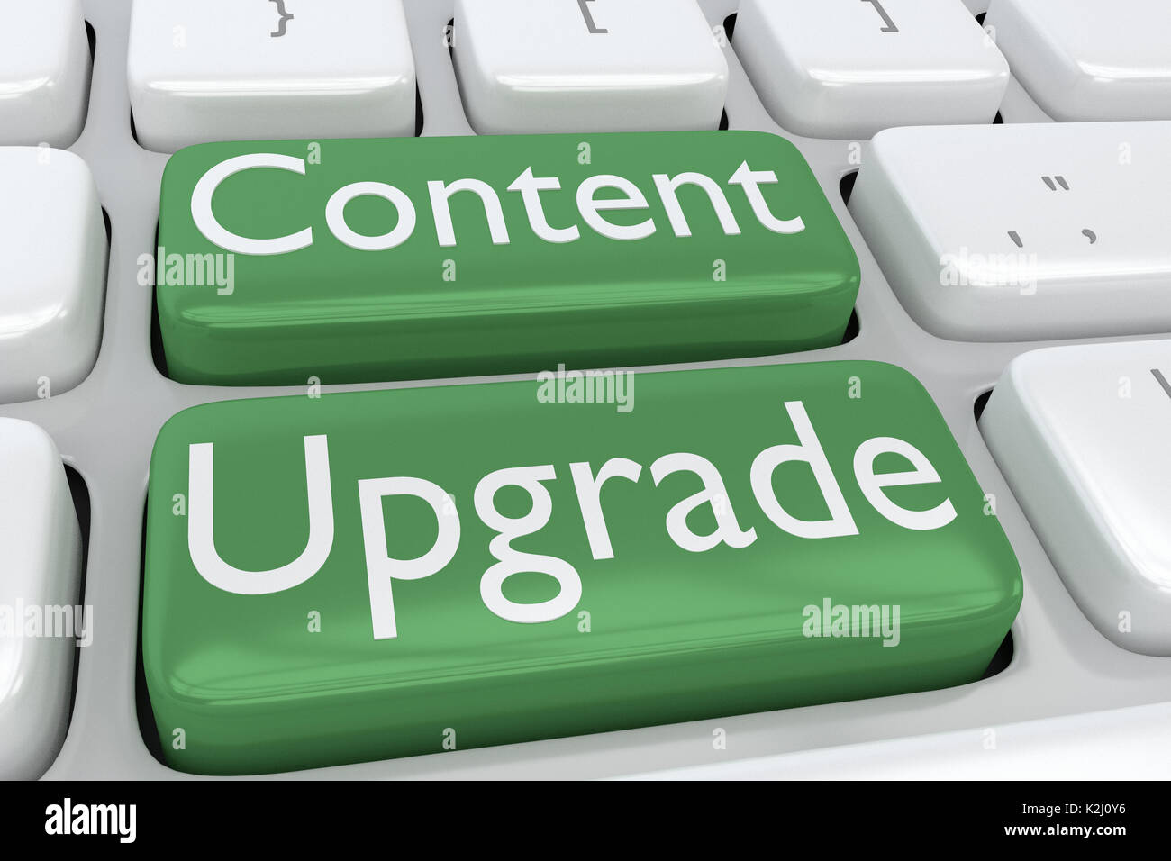3D illustration of computer keyboard with the script "Content Upgrade" on two adjacent green ...