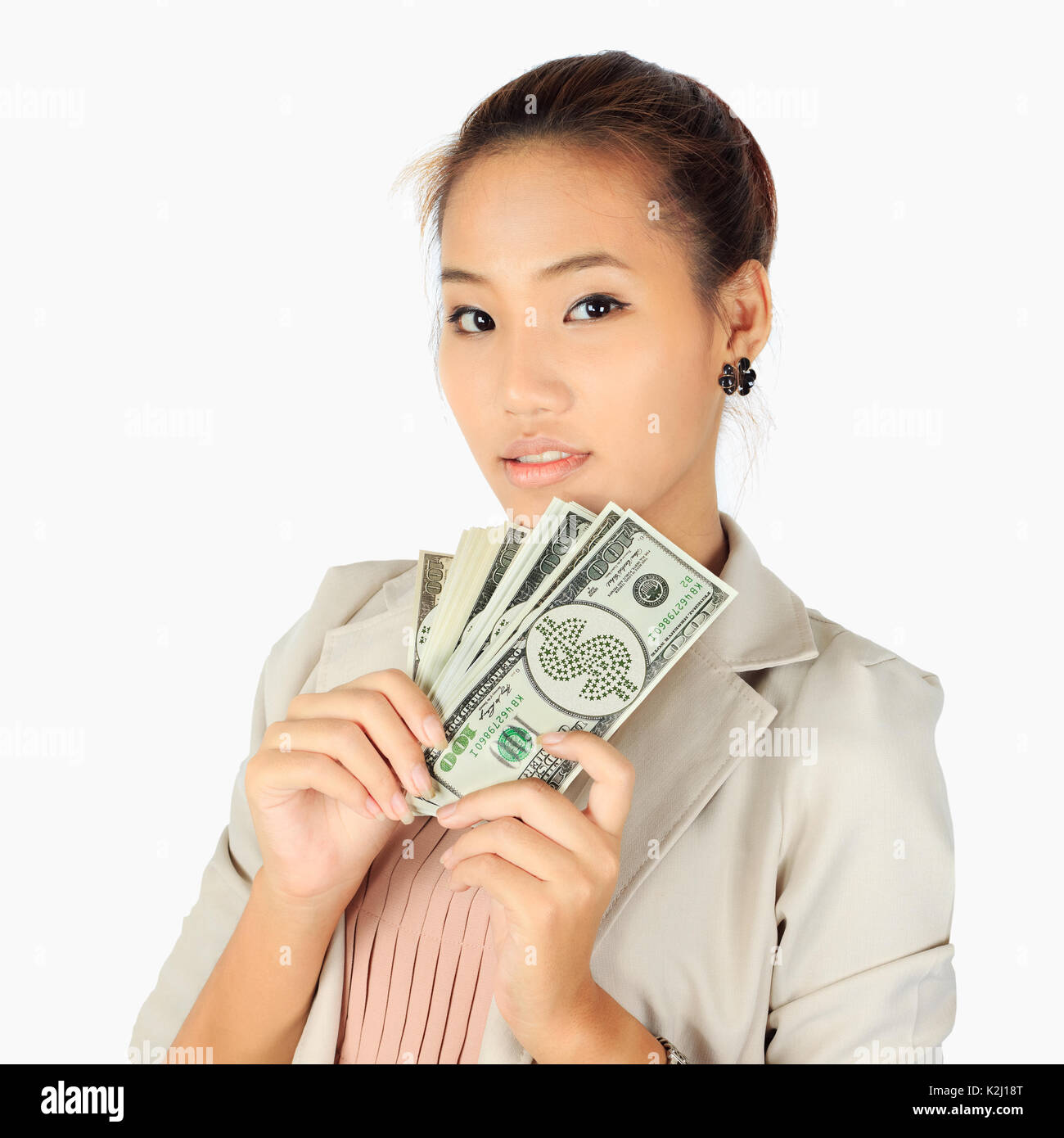 Isolated young business woman with U.S. dollar bank notes Stock Photo ...