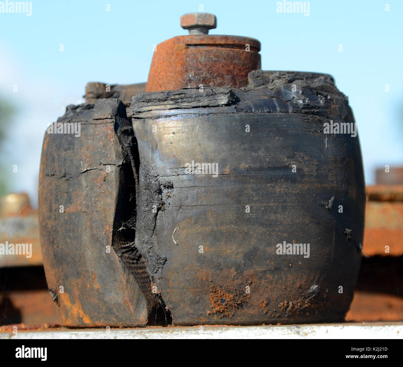 Part of wrecked machine part with cracked rubber vibration block Stock ...