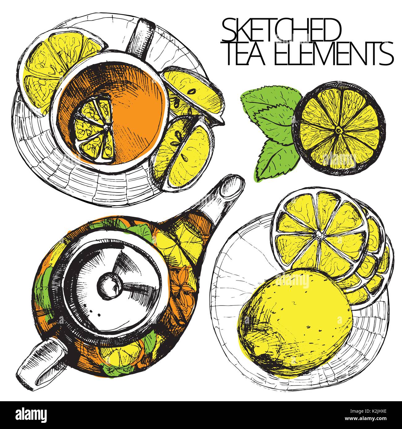 Tea hand draw set - teapot, cup and spoon with lemons, limes. Isolated ...