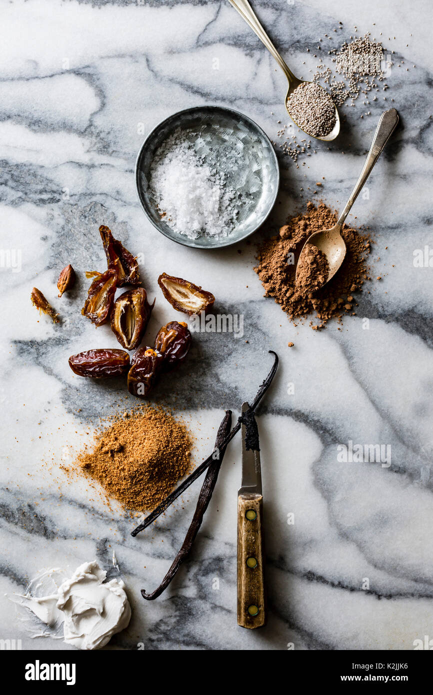 Ingredients for cooking on a marble work surface Stock Photo - Alamy