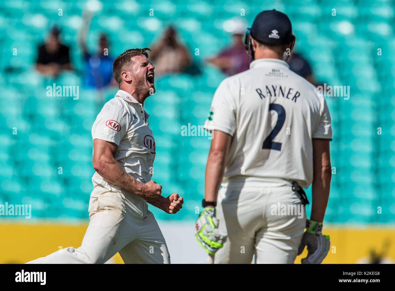 London, UK. 31st Aug, 2017. Stuart Meaker celebrates getting the wicket ...