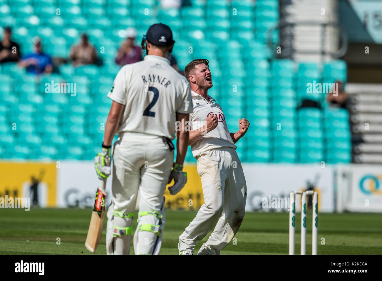 London, UK. 31st Aug, 2017. Stuart Meaker celebrates getting the wicket ...
