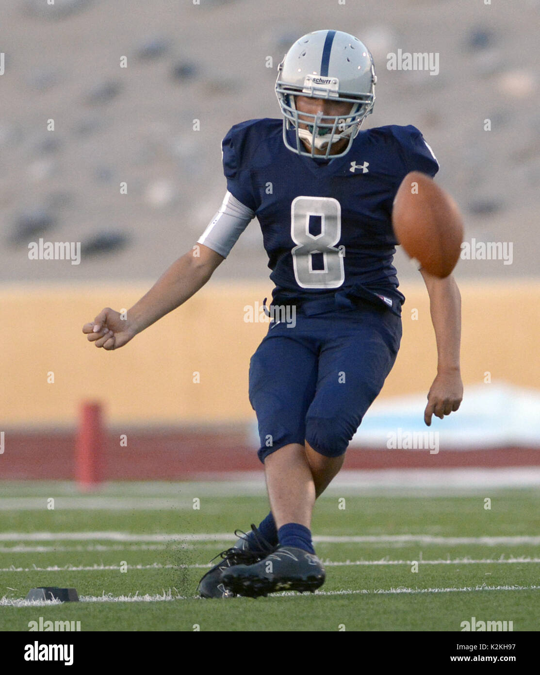 Usa. 31st Aug, 2017. SPORTS -- La Cueva's Dominic Camacho, kicks off ...