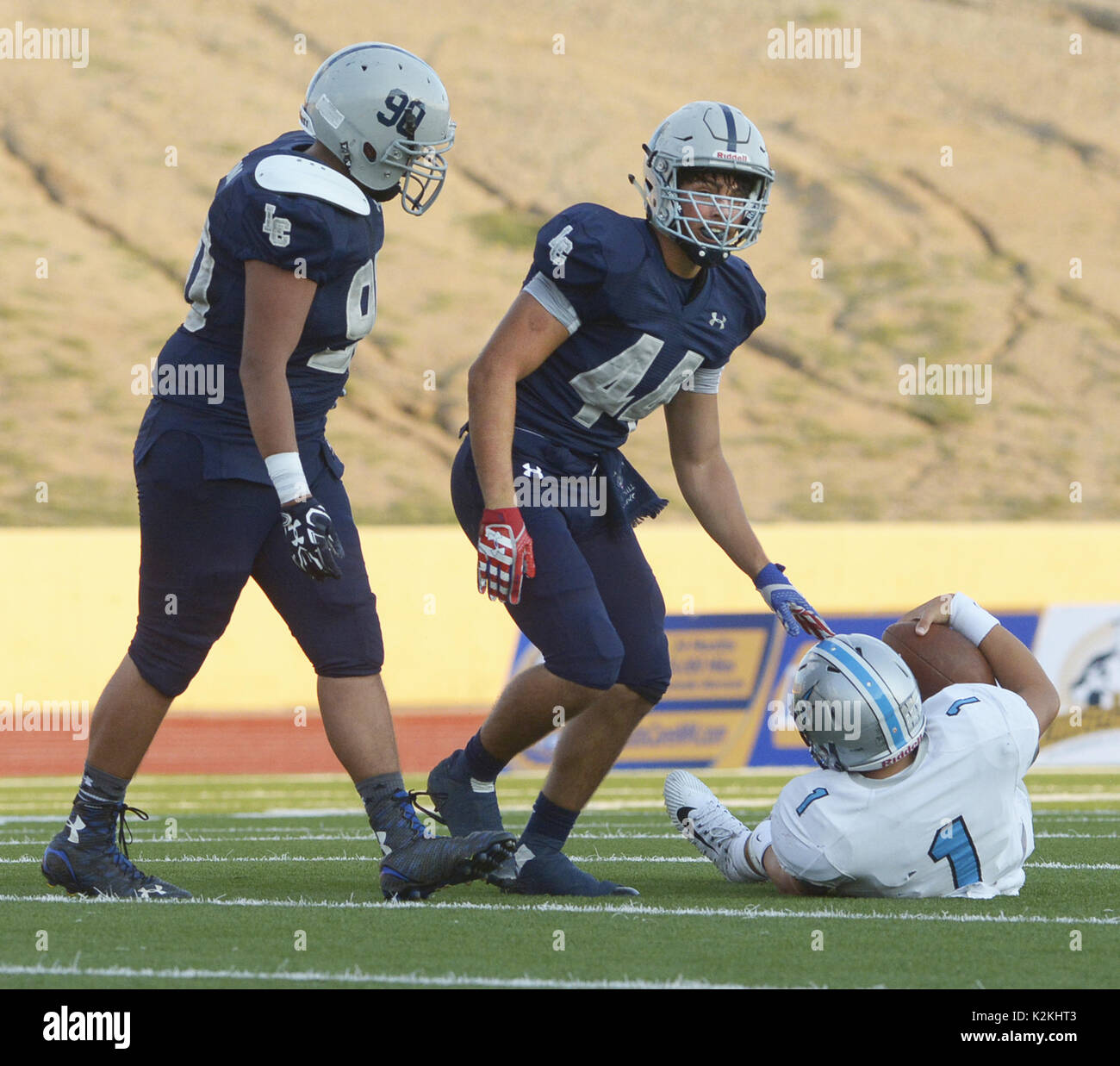 Usa. 31st Aug, 2017. SPORTS -- La Cueva's Derek Mady III, 44, got the ...