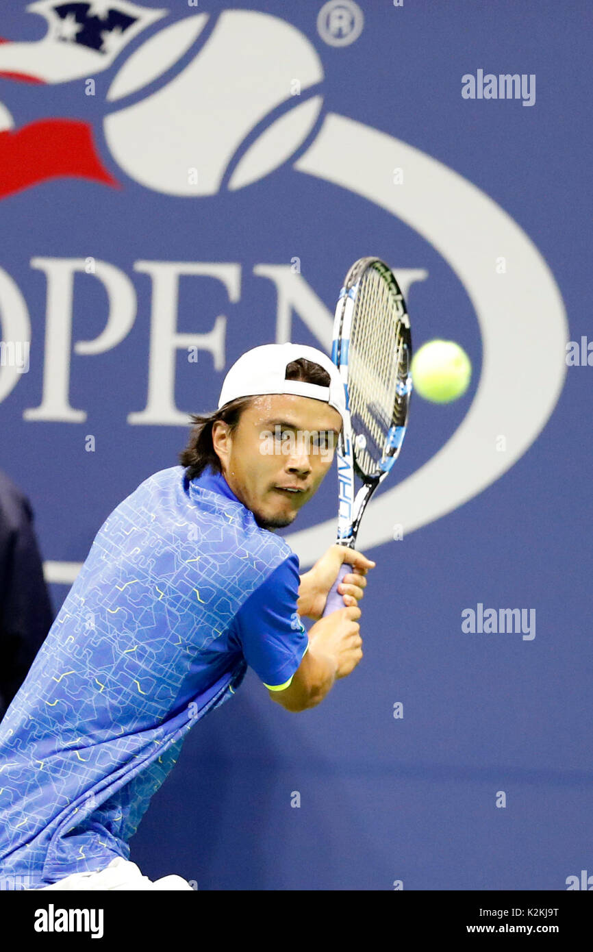 New York, USA. 31st Aug, 2017. Taro Daniel of Japan hits a return ...