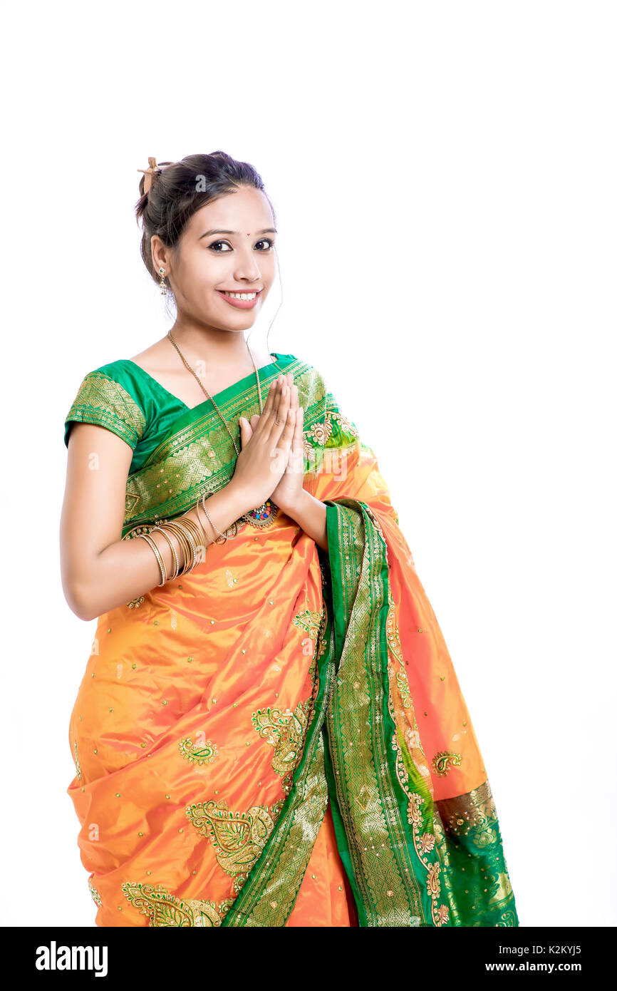 Happy young beautiful traditional Indian woman in traditional saree ...