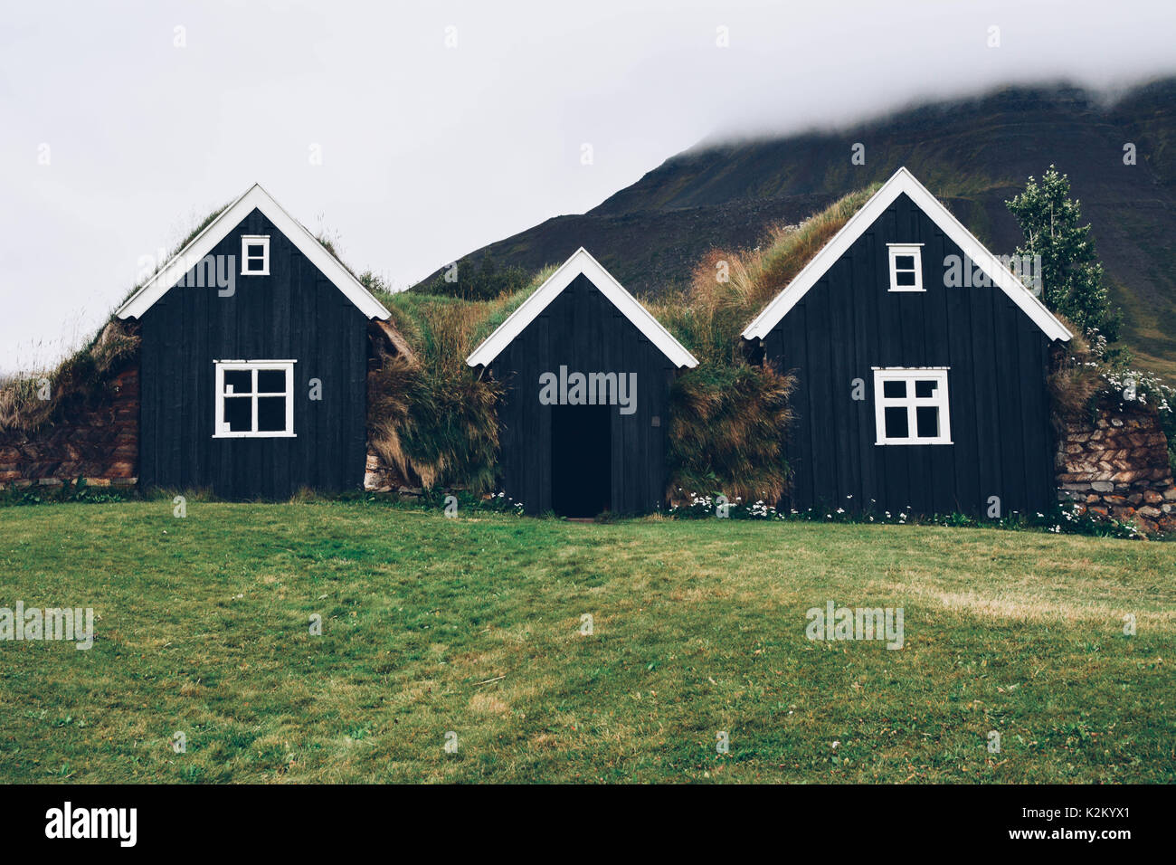Typical small houses in Iceland. Old architecture with grassy roof ...