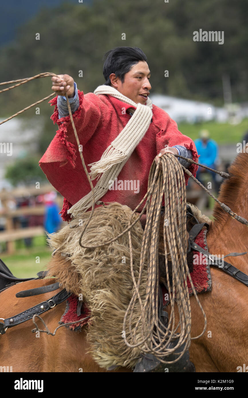 June 3, 2017 Machachi, Ecuador: closeup of indigenous quechua cowboy in ...
