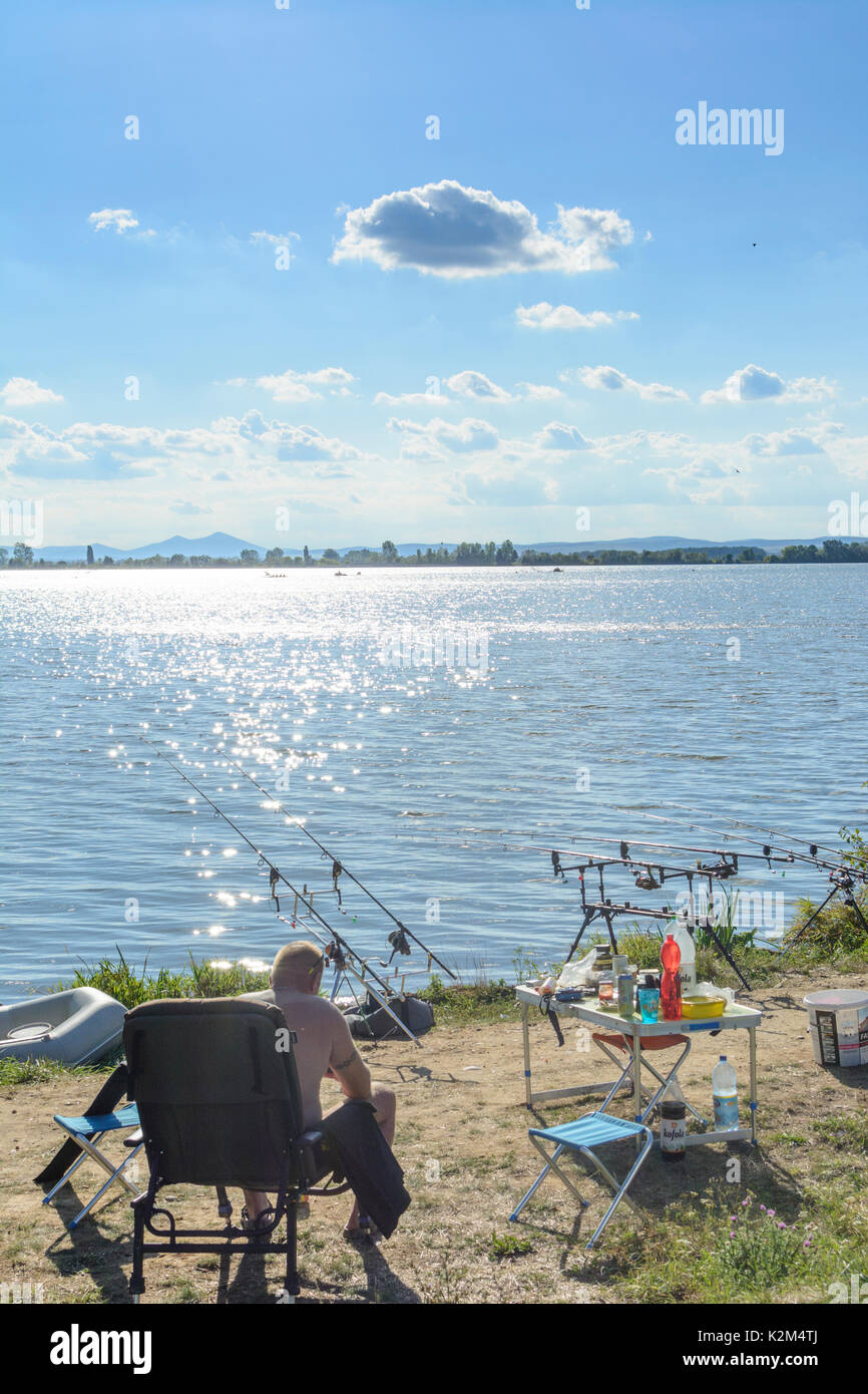 Slnava water reservoir of river Vah (Waag), angler, Piestany (Pistyan ...