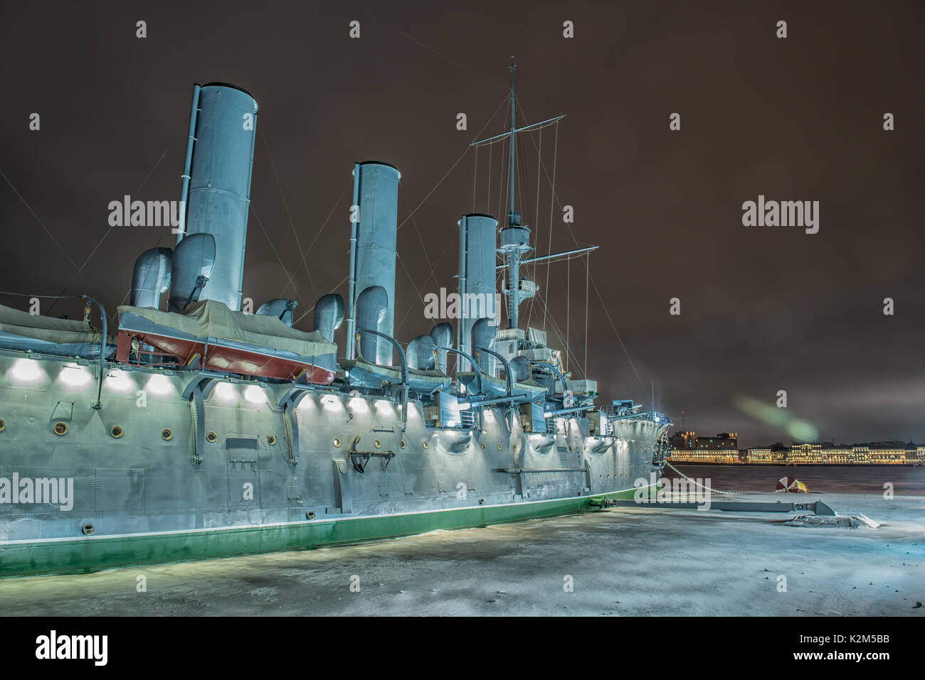 Cruiser Aurora at night in St. Petersburg. The inscription on the ...