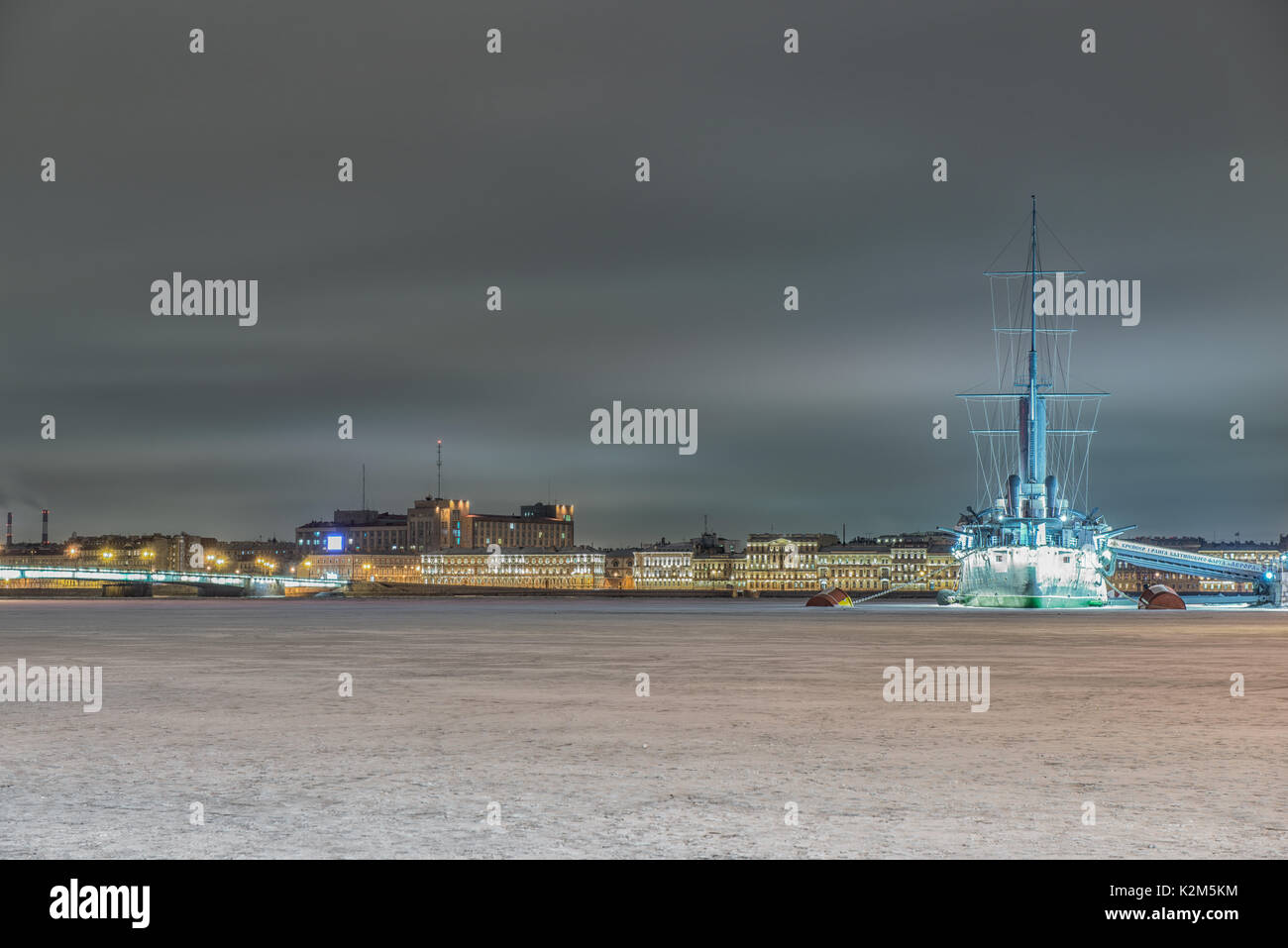 Cruiser Aurora at night in St. Petersburg. The inscription on the ...