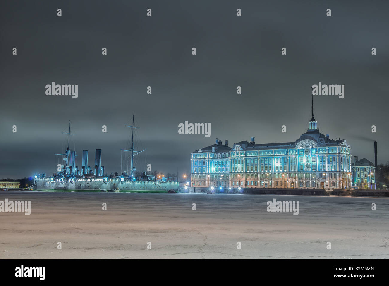 Cruiser Aurora at night in St. Petersburg. The inscription on the ...