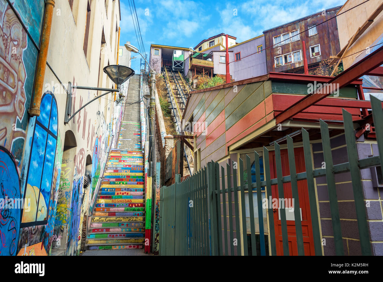 Stairs next to a funicular railway going up one of the hills of ...