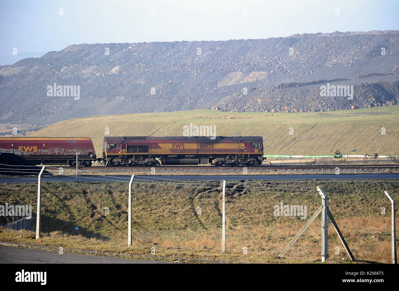 66126 propels its train of hoppers into the loading area at Cwmbargoed ...