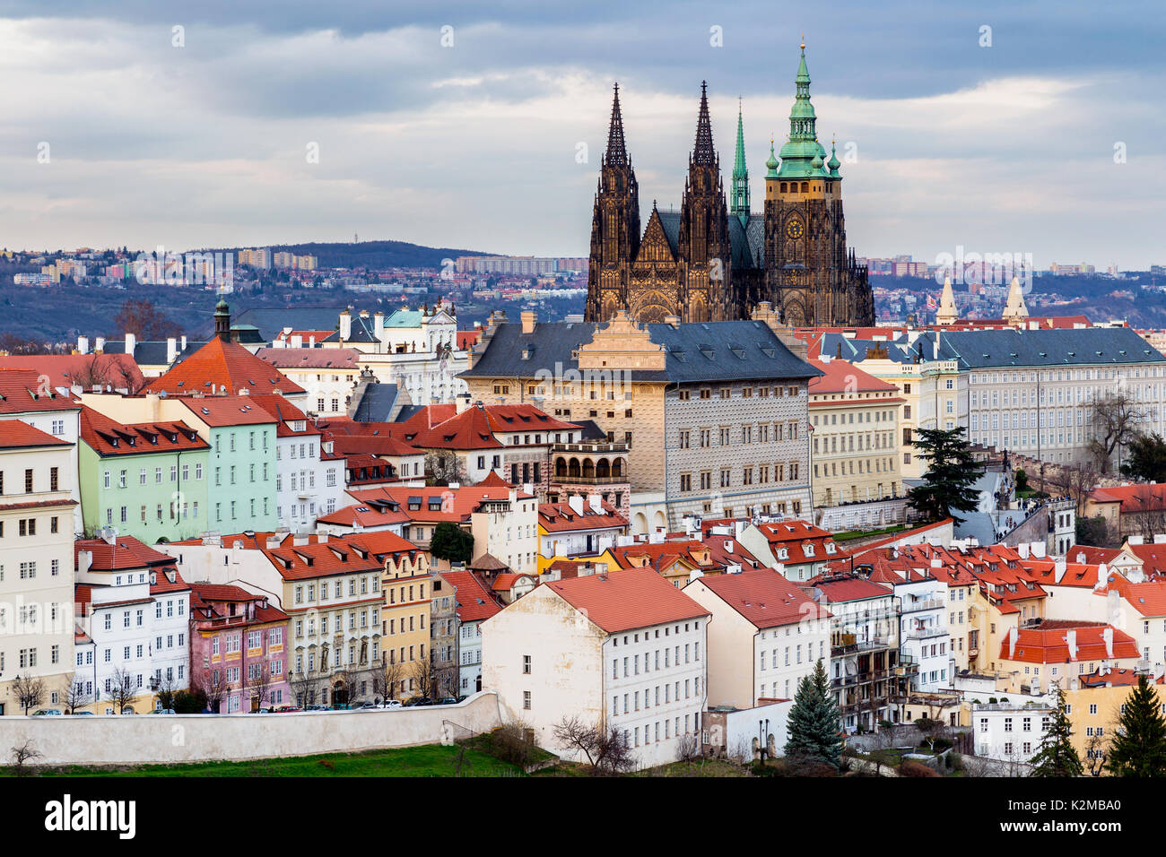 Spring Prague panorama from Prague Hill with Prague Castle, Vltava ...