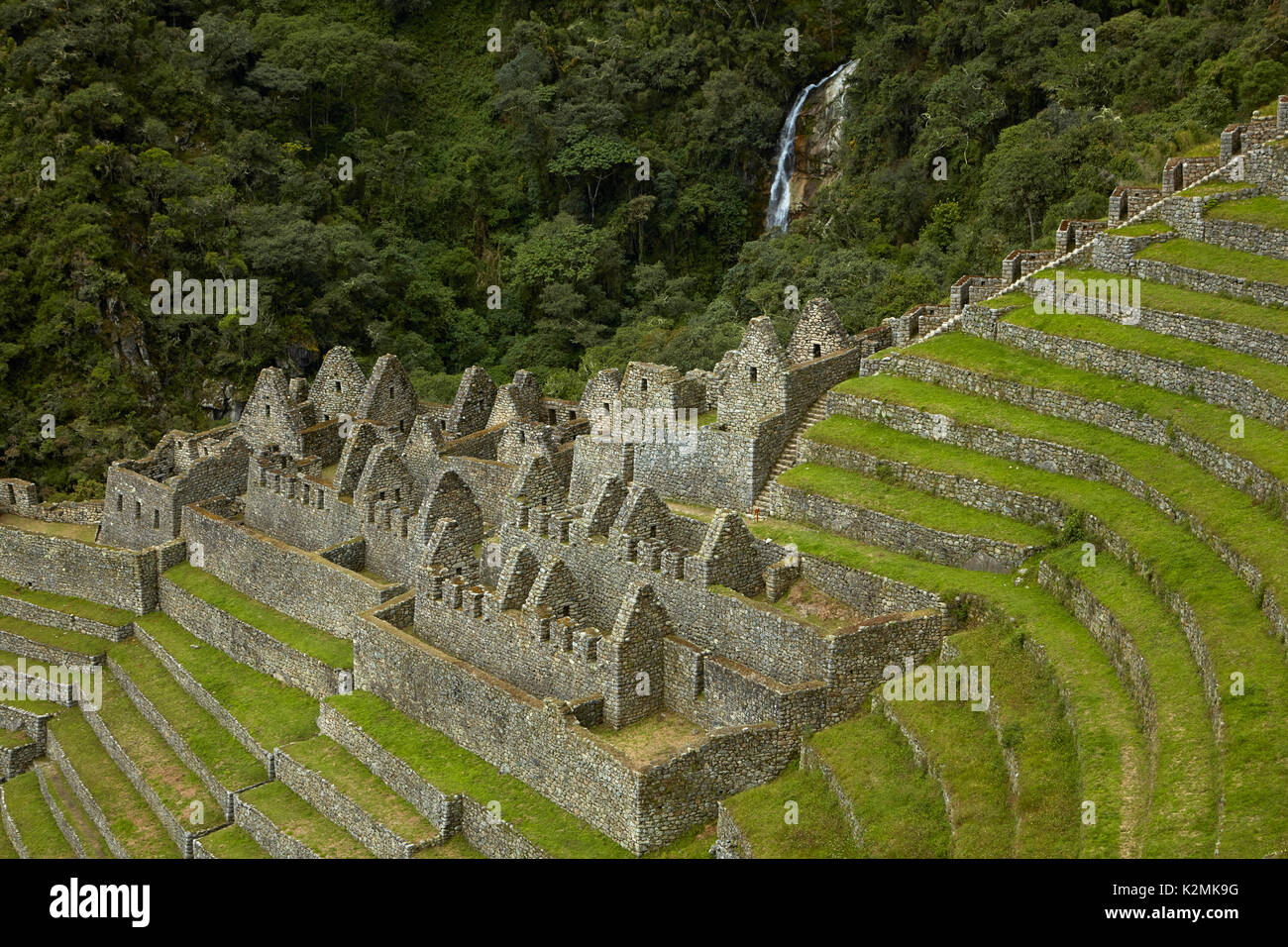 Historic ruins of Inca city at Winay Wayna, on the Inca Trail to Machu ...