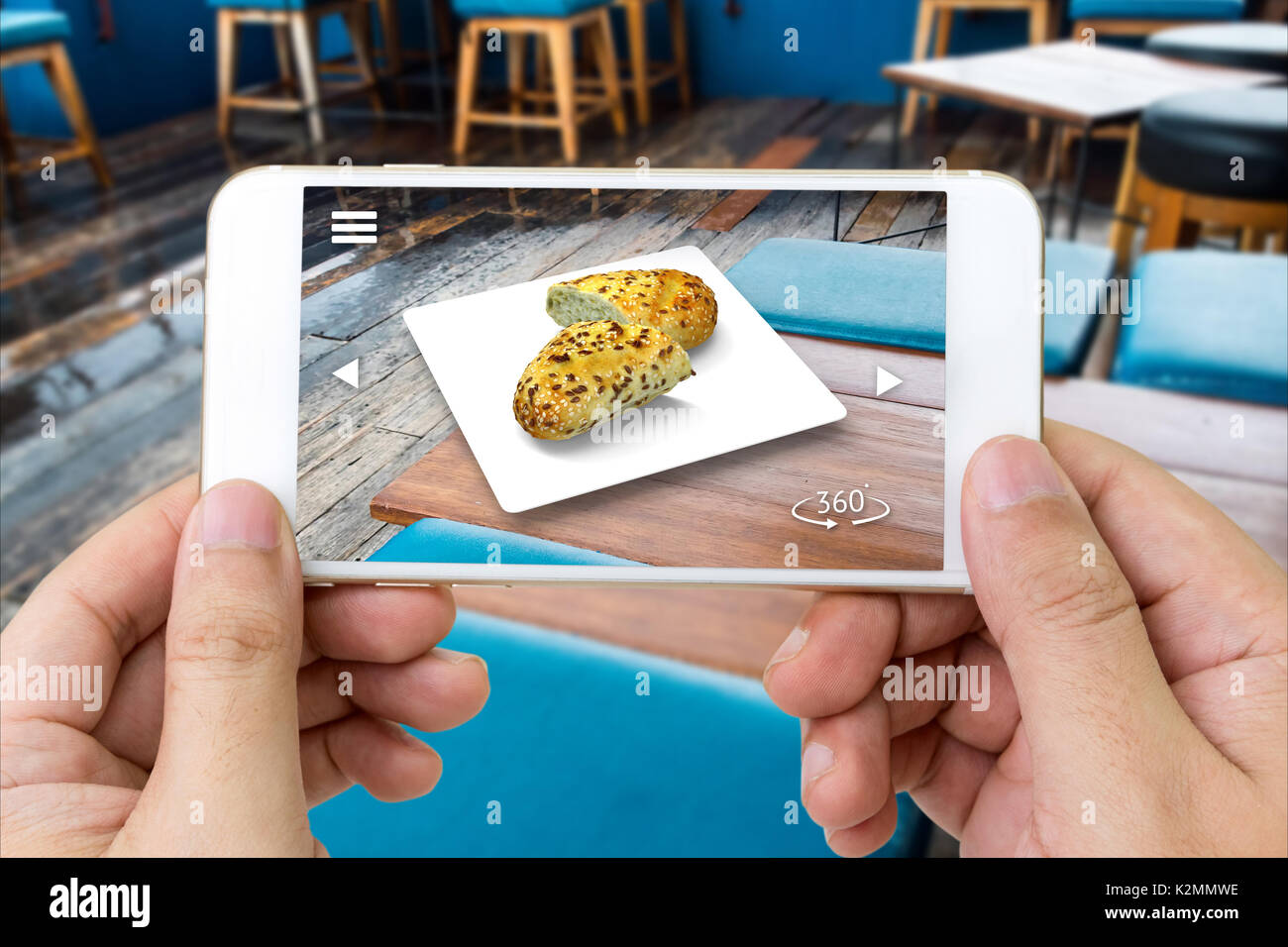 Augmented reality marketing technology concept. Customer hand holding ...