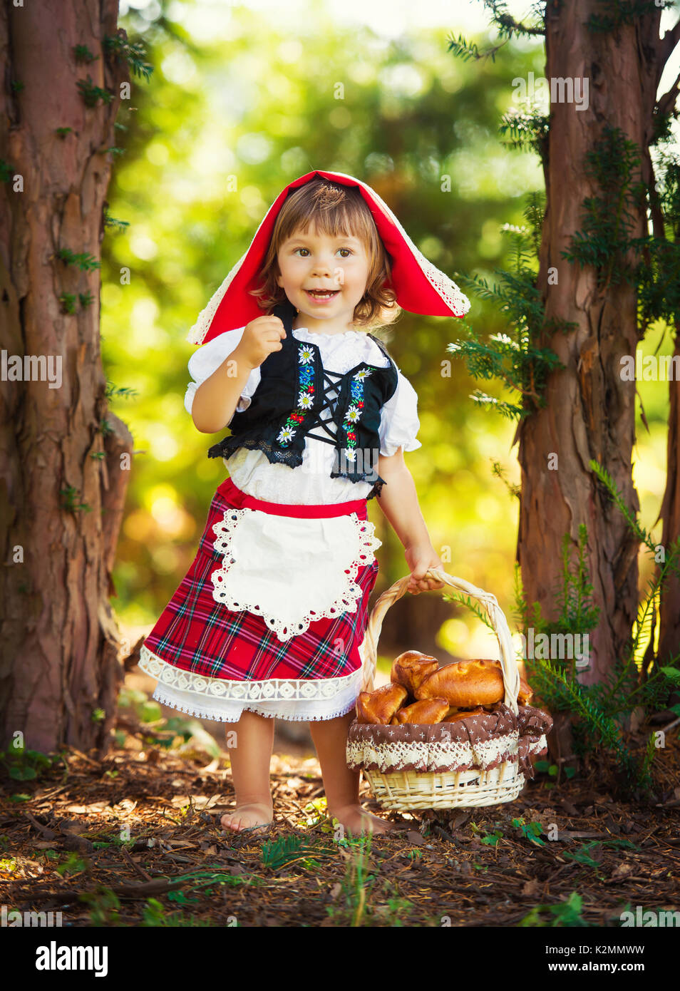 Little Red Riding Hood in the forest carries pies in the basket Stock ...
