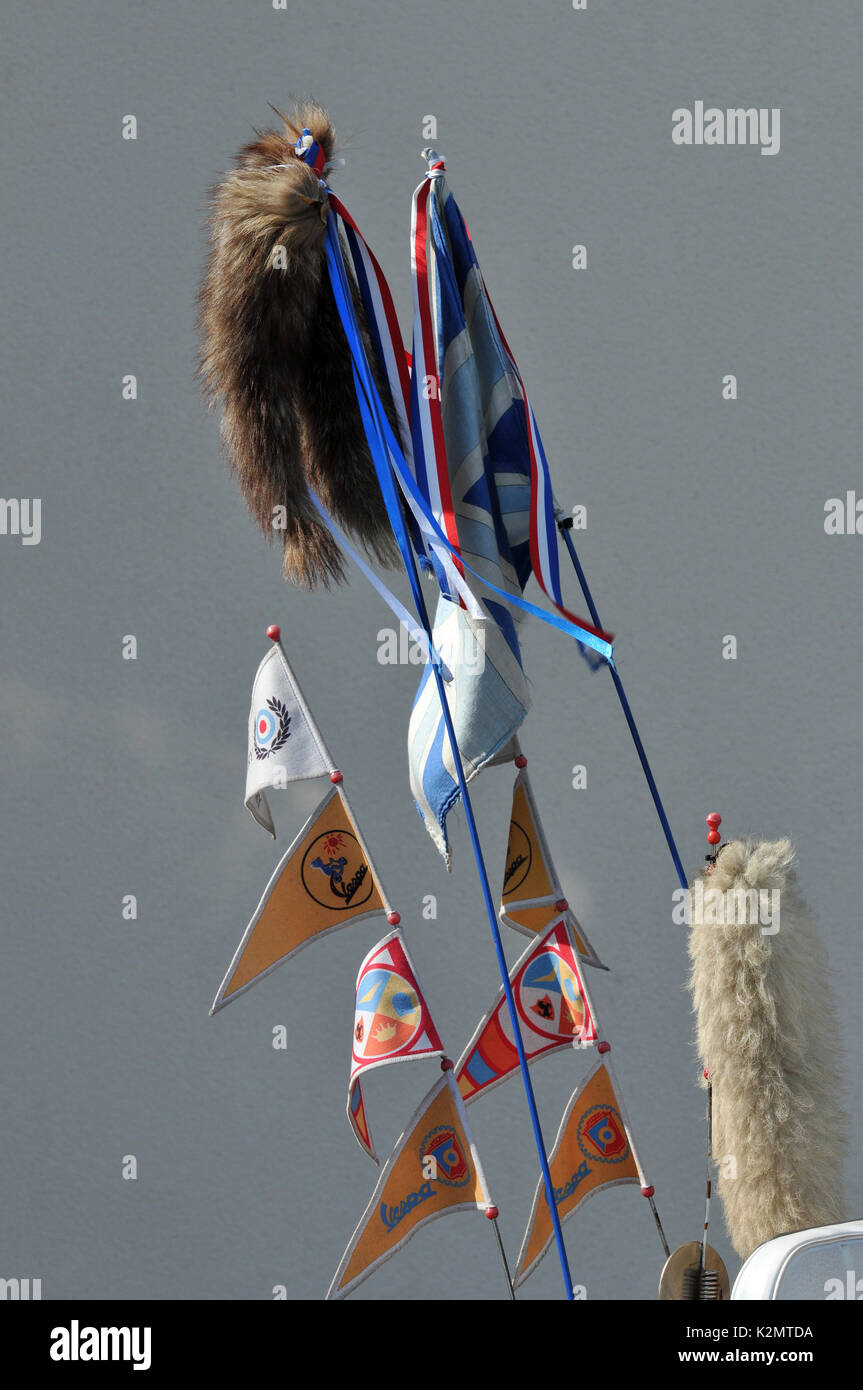 Foxes tails union flags jacks and pennants on a mod scooter at a rally ...