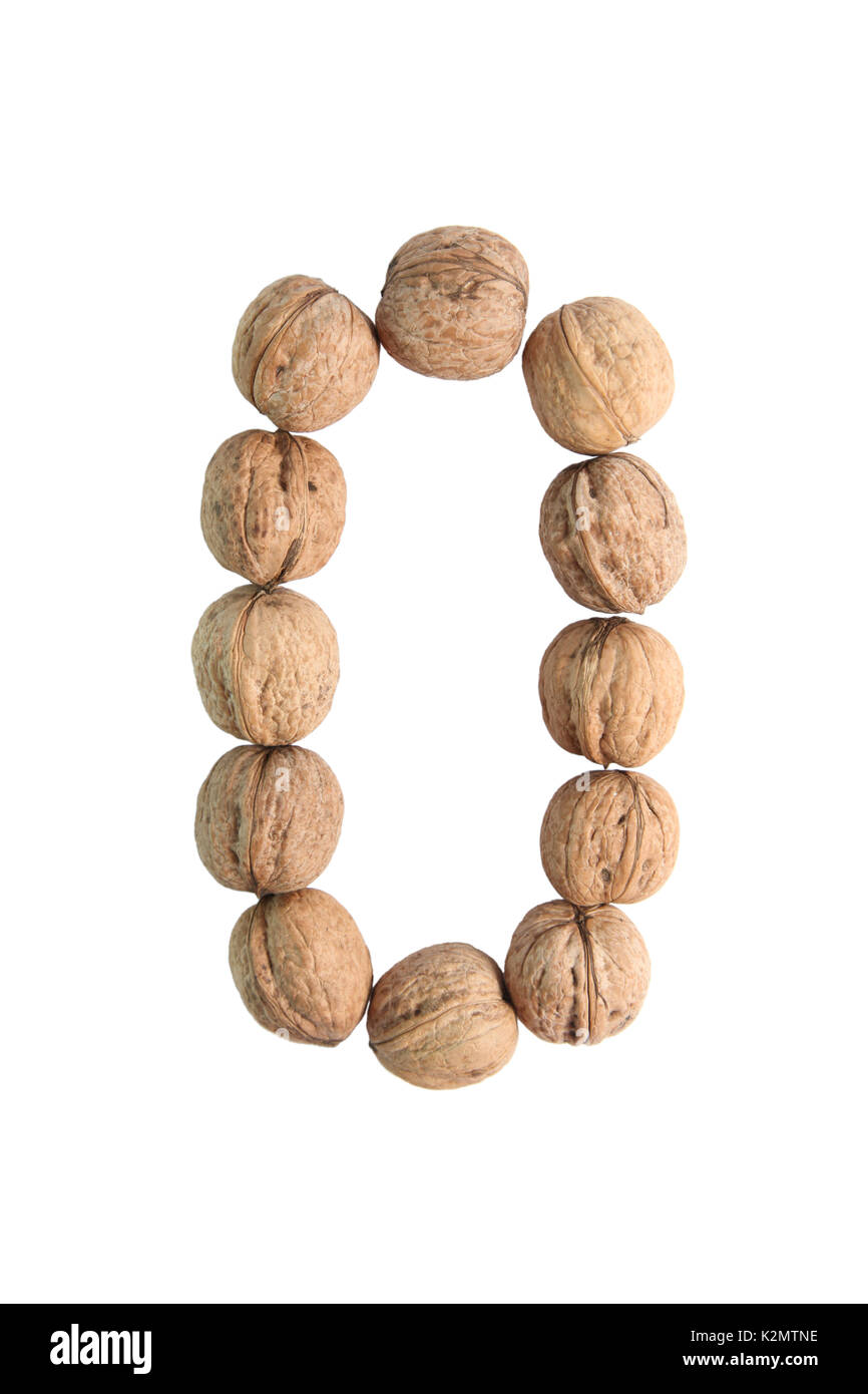 The group of walnuts on white background, making number 0. Studio shot ...