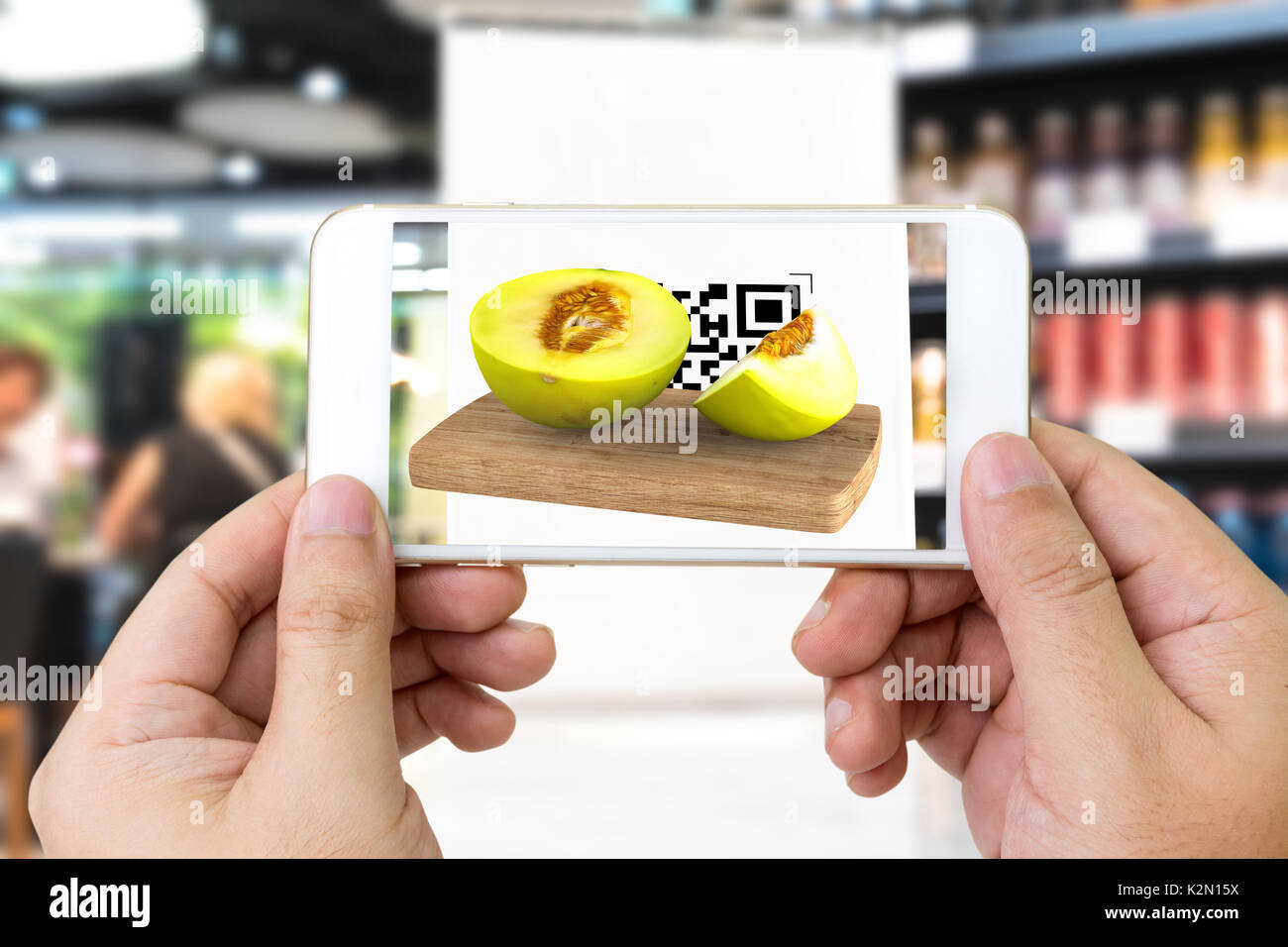 Augmented reality marketing technology concept. Customer hand holding ...