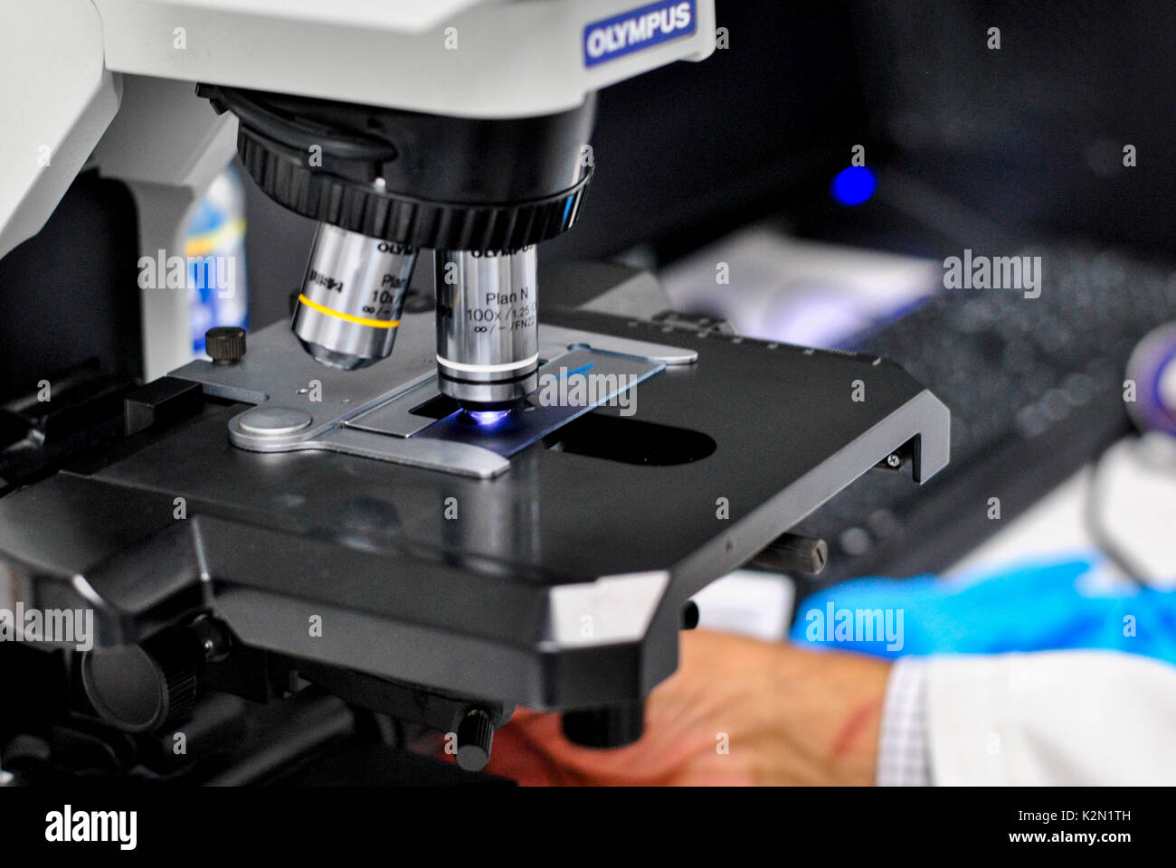 Hematologist using a optic microscope to evaluate a blood smear ...