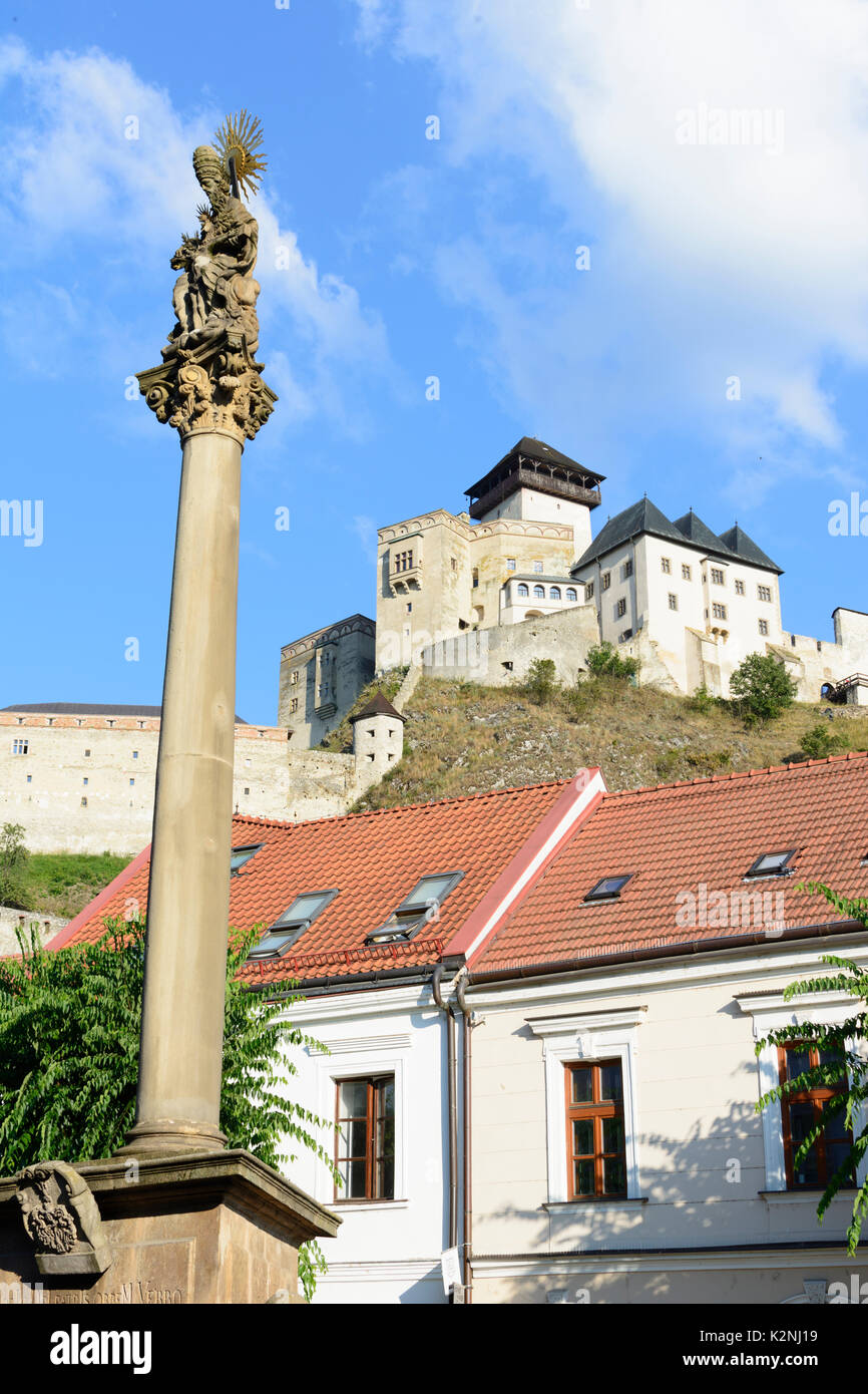 castle, Holy Trinity Column, Trencín (Trentschin), Slovakia Stock Photo ...