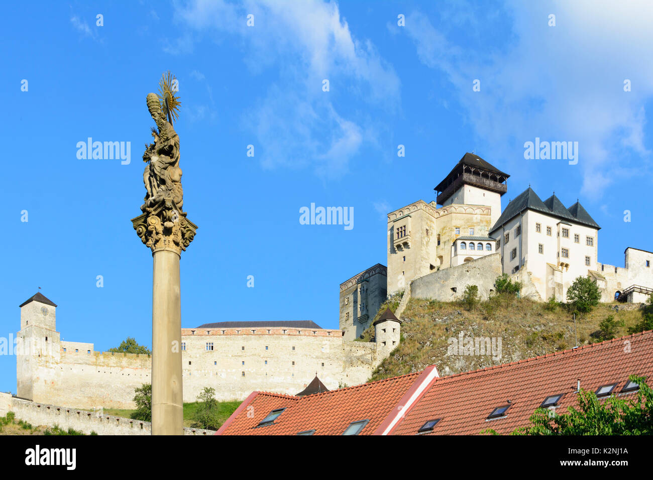 castle, Holy Trinity Column, Trencín (Trentschin), Slovakia Stock Photo ...