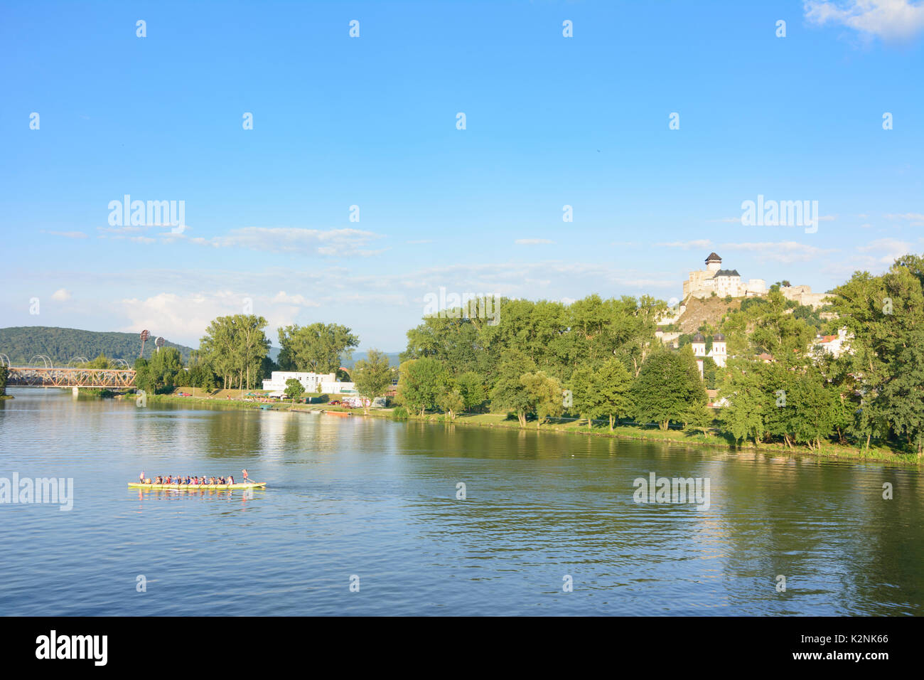 river Vah (Waag), castle, Dragon Boat, Trencín (Trentschin), Slovakia ...